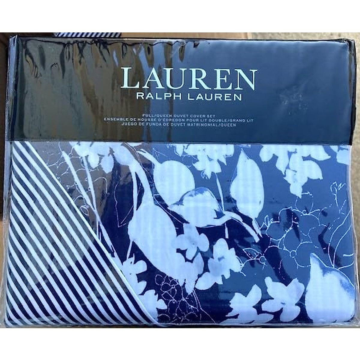 Lauren Ralph Lauren Navy Blue Floral Reese Full Queen 3 pc Duvet Cover Set Shams Grey White