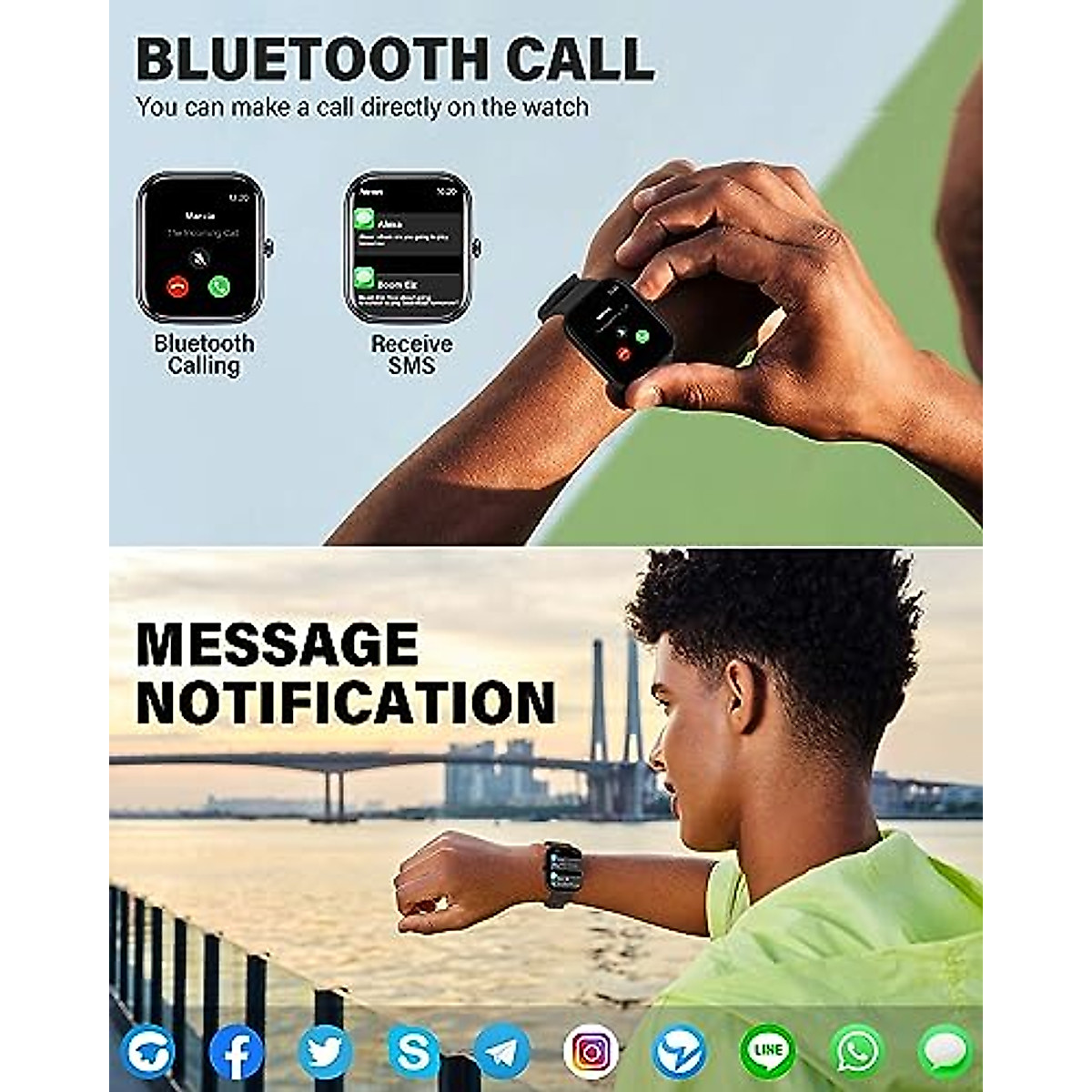 Vikie Smart Watch, Call Function, 2.0" Screen, IP67 Waterproof Smartwatch for iPhone & Android Phones with Bluetooth, Voice Assistant, Heart Rate/Blood Oxygen Monitor Fit Tracker for Women Men (Black)