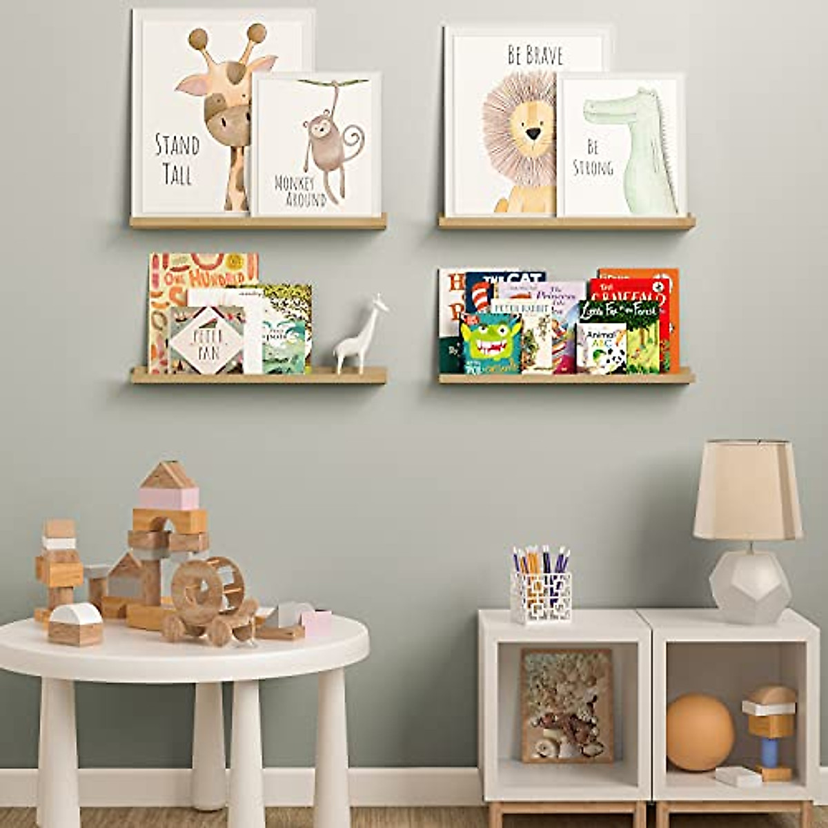 Wallniture Denver 24" Book Shelves for Kids Room Decor and Nursery, Wood Floating Shelves for Wall, Natural Pine, Set of 4