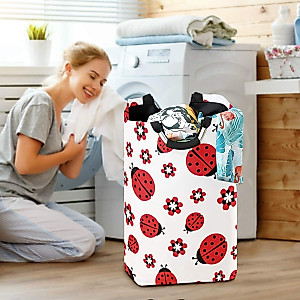 Ladybugs Laundry Hamper, Flower Floral Foldable Laundry Basket with Handles Collapsible Hamper Dirty Clothes Toys Organizer Bag for Laundry Room, Bathroom, Bedroom, College Dorm, Girl Boy Room