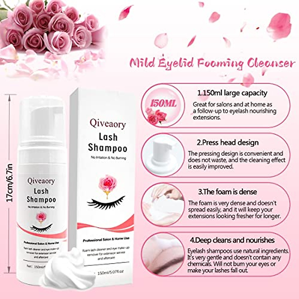 Qiveaory 150ml/5.07fl.oz Eyelash Extension Cleanser Extension Lash Shampoo Brush Mini USB Portable Lash Fan Mascara Brush Disposable Microbrush Wash Bottle Reusable Makeup Remover Pad Gentle Cleaning