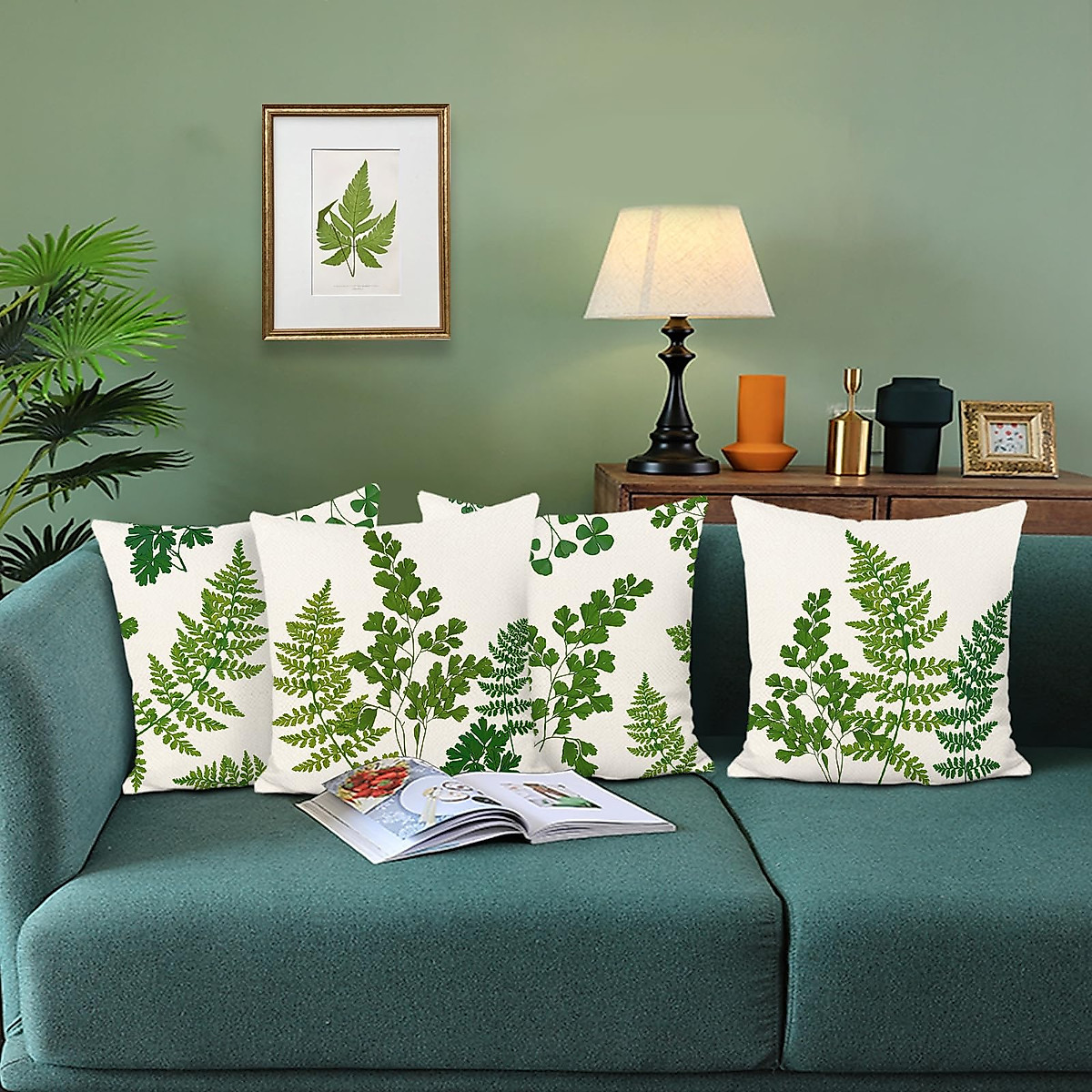 Bonhause Green Leaves Fern Throw Pillow Covers 18x18 Set of 4 Spring Summer Botanical Foliage Decorative Throw Pillow Cases Linen for Sofa Garden Couch Home Decor