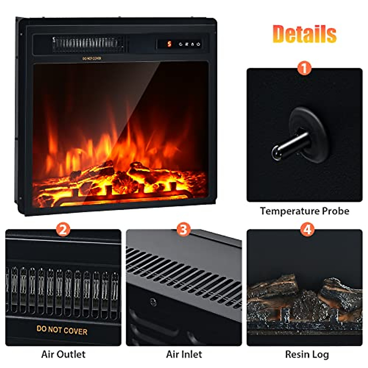 Tangkula 18 Inch Recessed Electric Fireplace Insert, 1500W Freestanding Fireplace Stove Heater W/Adjustable Flame Effect & Temperature, Built-in Thermostat, Timing Function, Remote Control