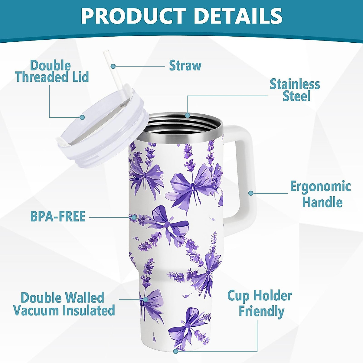 FENOCHE Lavender Flower Bow Tie 40 oz Tumbler Insulated Cups Stainless Steel Water Bottle with Handle Lid and Straw Tumblers for Car Cup Holder