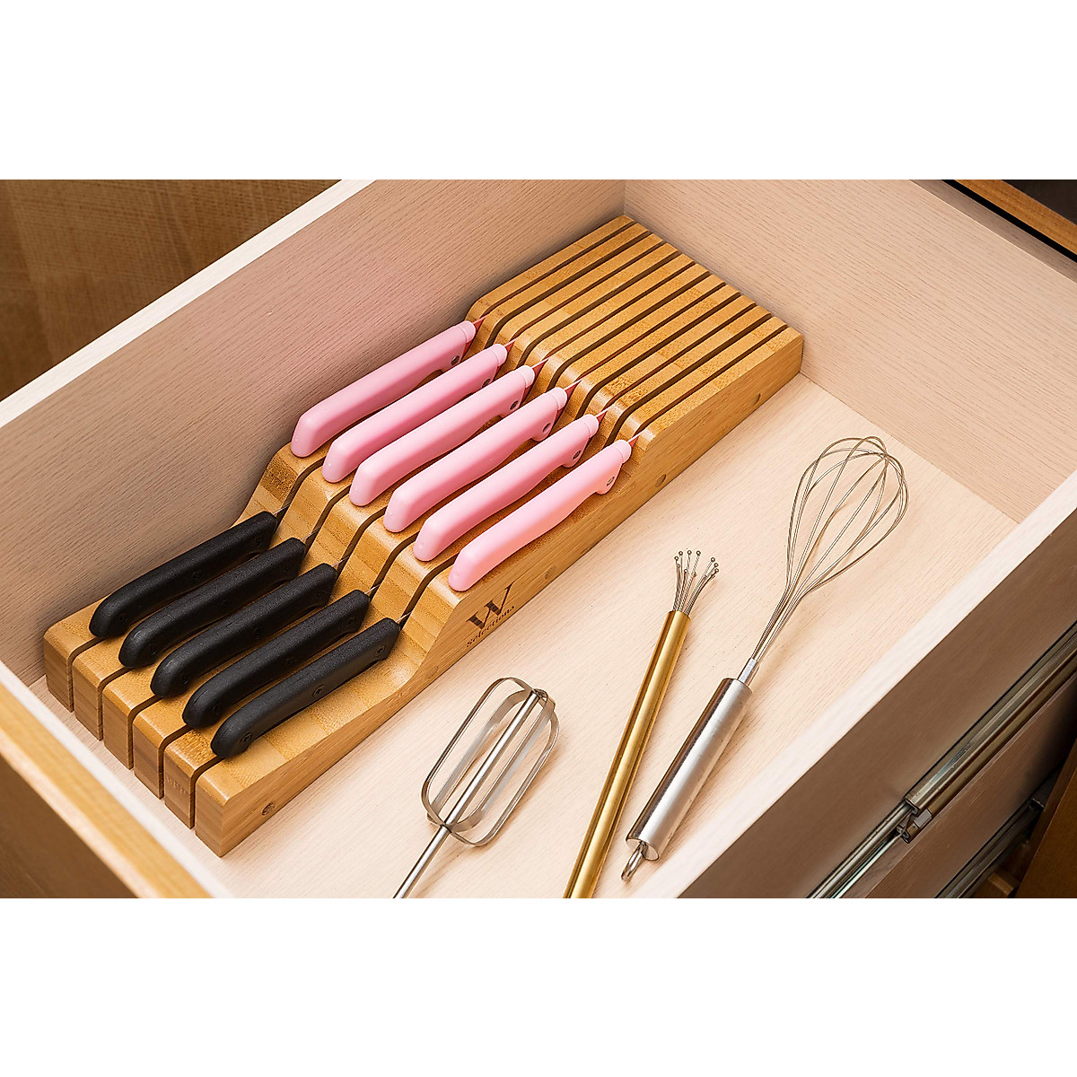W Selections Bamboo Knife Drawer Organizer Block - Kitchen Storage Holder for Knives Organization - Saves Counter Drawer Space for Home Cooking Chef - Organic Moso Bamboo Tray of Premium Quality
