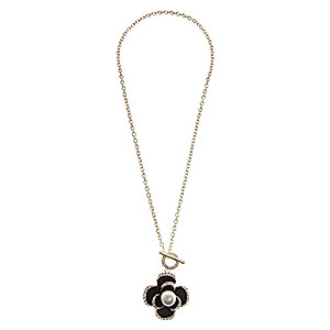 Fashion Jewelry designer statement enamel rhinestone camellia flower faux pearl charm pendant necklace for women (Black)