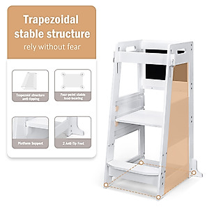 TOETOL Bamboo Toddler Step Stool White Kitchen Counter Learning Helper Standing Tower Ktchen Stool for Toddler 3 Height Adjustable with Chalkboard Message Boards, Small Step Stool, Non-Slip Mat