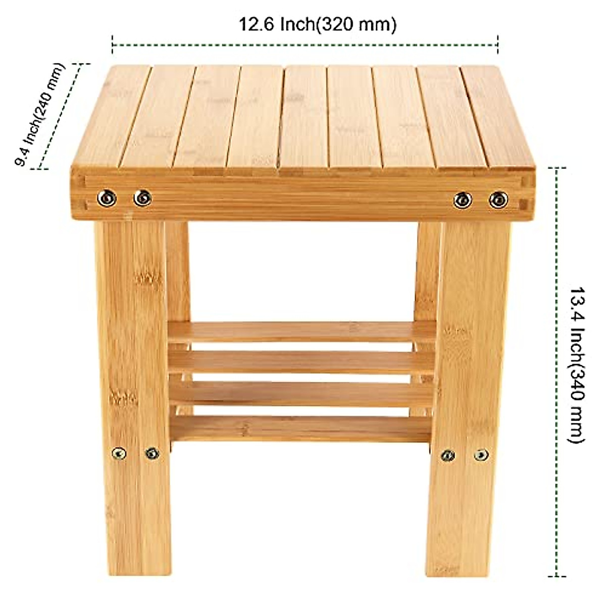 PINGEUI 2 Packs 13 Inches Bamboo Step Stool, Non-Slip Bamboo Small Seat Stool, Durable Bamboo Footrest Bench with Storage Shelf for Bathroom, Bedroom, Kitchen