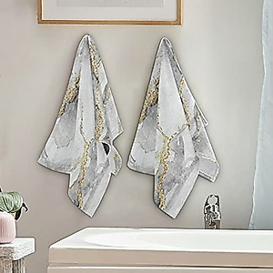 Grey Marble Hand Towels - Elegant White Marble Print with Gold Textured Pattern Cotton Soft Bath Hand Towel for Home Bathroom Kitchen Hotel Spa