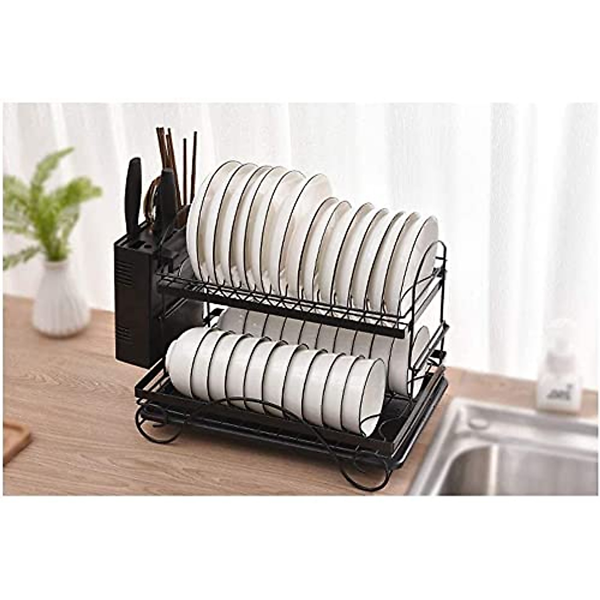 Plate Rack Draining Dish Rack Dish Drying Rack, 2 Tier Dish Rack With Drainboard, Dish Drainer With Utensil Holder And Cup Holder Pan Plate Holder