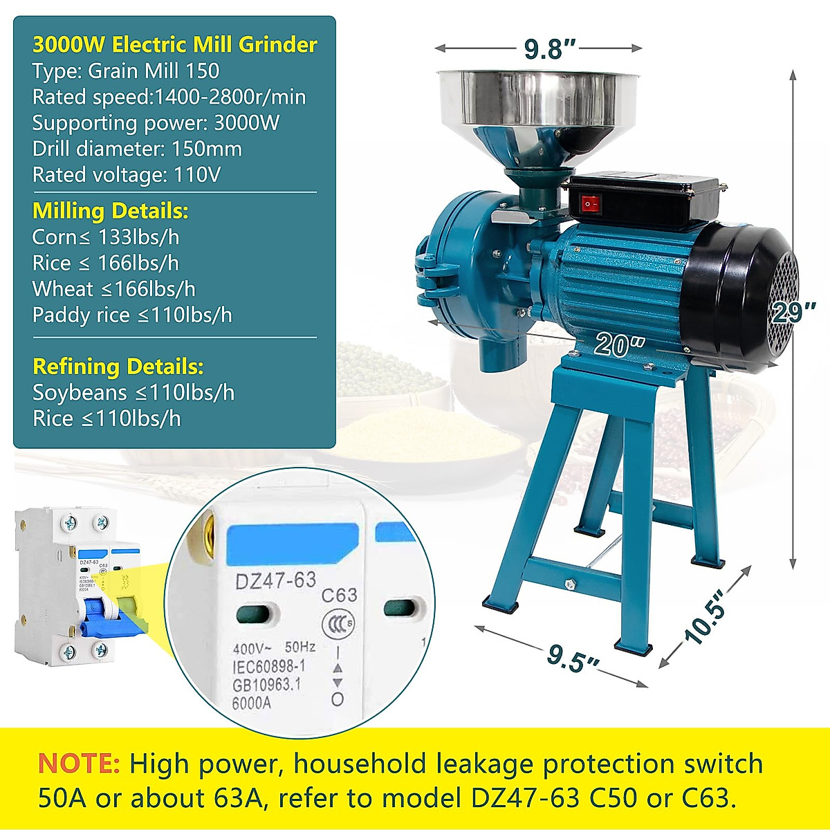 NAIZEA Grain Mills Wet Dry Cereals Grinder, Electric Grain Mill Grinder Corn Mill, Heavy Duty 3000W 110V Commercial Grain Grinder Machine, Wheat Feed Mill Flour Mill with Funnel (Dry & Wet Grinder)