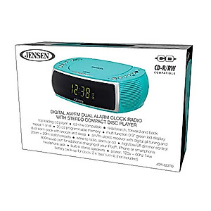 Jensen Turquoise Modern Home CD Tabletop Stereo Clock Digital AM/FM Radio CD Player Dual Alarm Clock Stereo CD Top-Loading Disc Player | USB Charging Port DV 5V 800mA | Headphone Jack | 0.9 Display