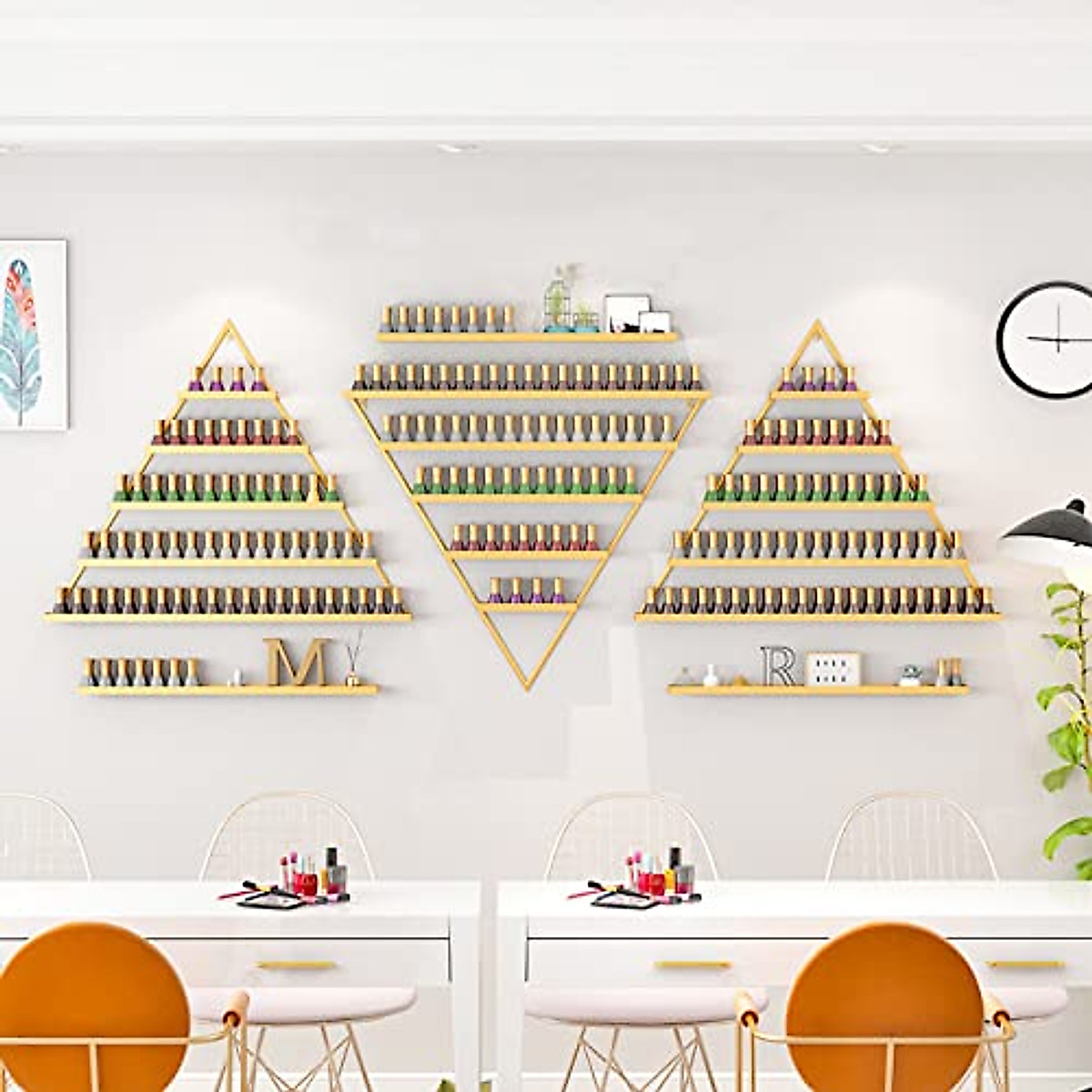 Metal Triangle Nail Polish Racks for The Wall Shelves Essential Oil Storage Shelf, Nail Salon Shop Iron Wall Mounted Display Rack Perfume Shelf Cosmetic Cabinet Spice Rack Organizer Holds (Gold 6pcs)