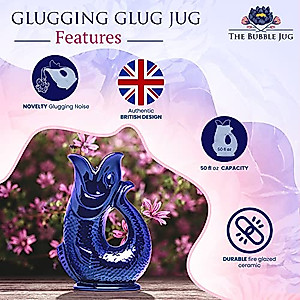 The Bubble Jug® Dark Cobalt Blue 50 fl oz 1.5L Litre Extra Large Glug Gurgle Pitcher Jug - Fish Shaped Jug - Decorative Ceramic Glugging Cocktail, Water and Gin Jug and Gurgling Carafe Pot