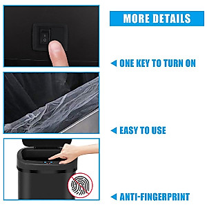 HGS 13 Gallons Trash Can Garbage Bin Stainless Steel Garbage Can Automatic Sensor Touch Free Waste Bins 50 L High-Capacity for Bathroom Bedroom Home Office, Black