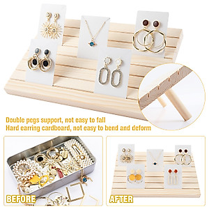 Wooden Earring Display Stand - Portable Holder with 2 Detachable Pegs + 200pcs Cardboard for Selling Earrings & Jewelry Show Business Card Holder (Wood Color)