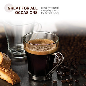 Bormioli Rocco OSLO Glass Coffee Mug - 7 ½ Ounce Espresso Cups (4 Pack) with Metal Handle Perfect Tea Glasses for hot and cold beverages, Thermal Shock Resistant, Tempered Glass, for Latte, Cappuccino