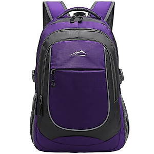 Backpack for School College Student Sturdy Bookbag Travel Business with USB Charging Port Laptop compartment Chest Straps Anti Theft Night Light Reflective (Purple)
