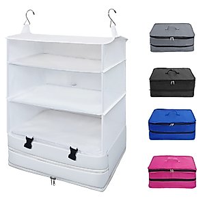 Twira Portable Hanging Travel Shelves, Suitcase Organizer, Packing Cubes for Travel, Carry-On Closet Insert, X-Large Capacity Travel Bags Collapsible 4-Shelf Travel Closet with 2 Hooks (White)