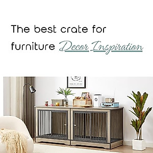 DOSSMBOLA 75'' Large Dog Crate Furniture for Large Dog or 2 Medium Dogs, Wooden Dog Kennel Dog Crate with Pull Out Tray and Removable Divider, TV Stand XXL Dog Cage - Gray