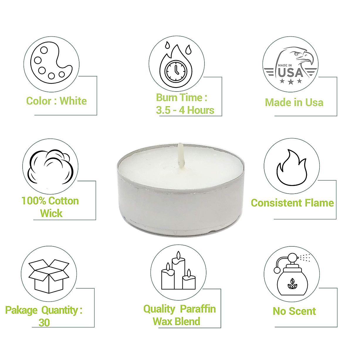 CandleNScent Unscented Tealight Candles, 30 Pack, White, Made in USA