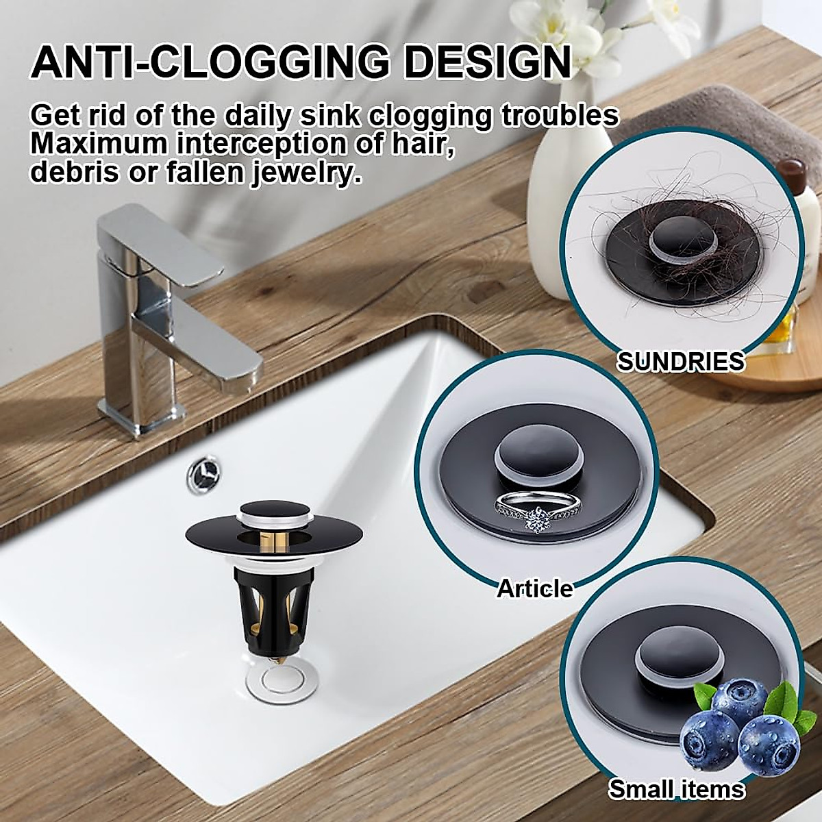 HAOMIAO Bathroom Sink Stopper(1.1-1.5inch, Brass Pop Up Wash Basin Plug Cover for Bathtub drains, Anti-Clogging Bath Plug Stopper Sink Drain Strainer with Basket (Matte Black)