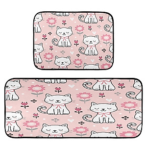 Pink Cat Flower Kitchen Rug Mats 2PCS Non Slip 47" x 20" + 28" x 20" Kitchen Carpet Floor Mat Hallway Rugs Anti Fatigue Doormat