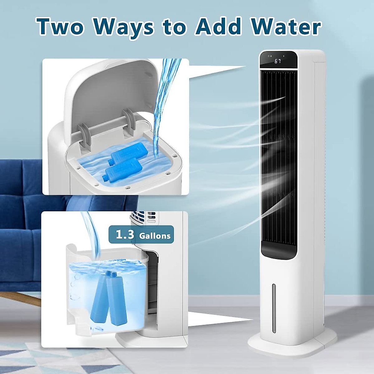 2-In-1 Evaporative Air Cooler - 41” Quiet Cooling Tower Fan Humidifier Portable Swamp Cooler with Bladeless Design, 60° Oscillation, Remote Control, 3 Modes and 3 Wind Speeds, 12H Timer, 4 Ice Boxes