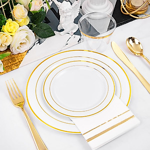 GATHER 350pcs Gold Plastic Plates - Disposable Plastic Dinnerware Set Include 50 Gold Dinner Plates, 50 Gold Salad Plates, 150 Silverware, 50 Napkins, 50 Cups Perfect for Party & Wedding
