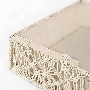 YOUDENOVA Macrame Storage Basket(Cream White, Set of 3), Decorative Hand Woven Boho Basket with Wooden Handles & Liner Cloth, Boho Bathroom Nursery Bedroom Living room Decor