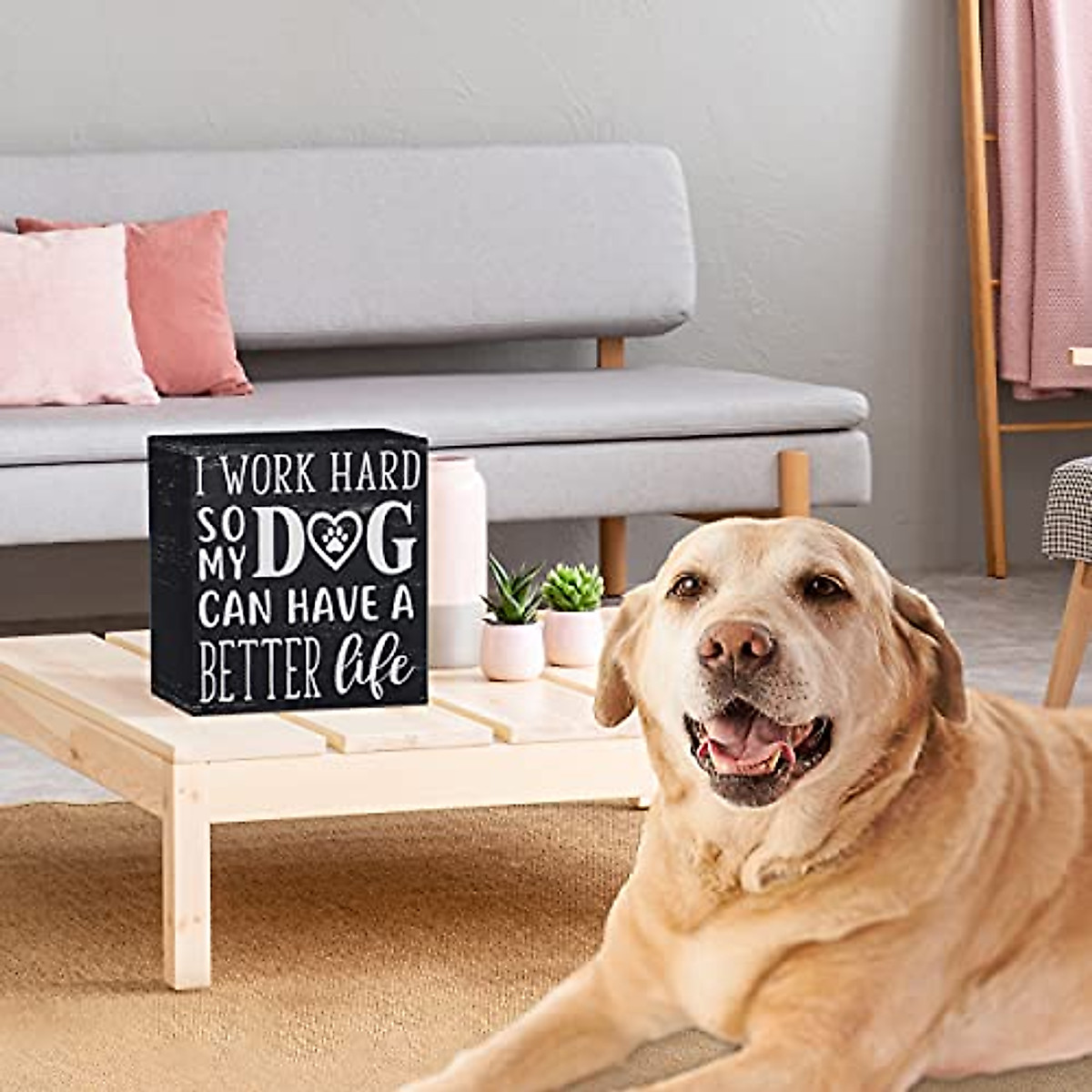 SANY DAYO Home I Work Hard So My Dog Can Have A Better Life 6 x 6 inches Wood Box Signs with Inspirational and Funny Pet Quotes for Home Office Décor