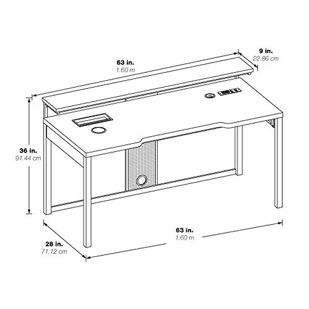 OSP HOME FURNISHINGS Furniture Adaptor 63 Inch Gaming Desk with RGB LED Lights and Smart Power Hub, Matte Black.