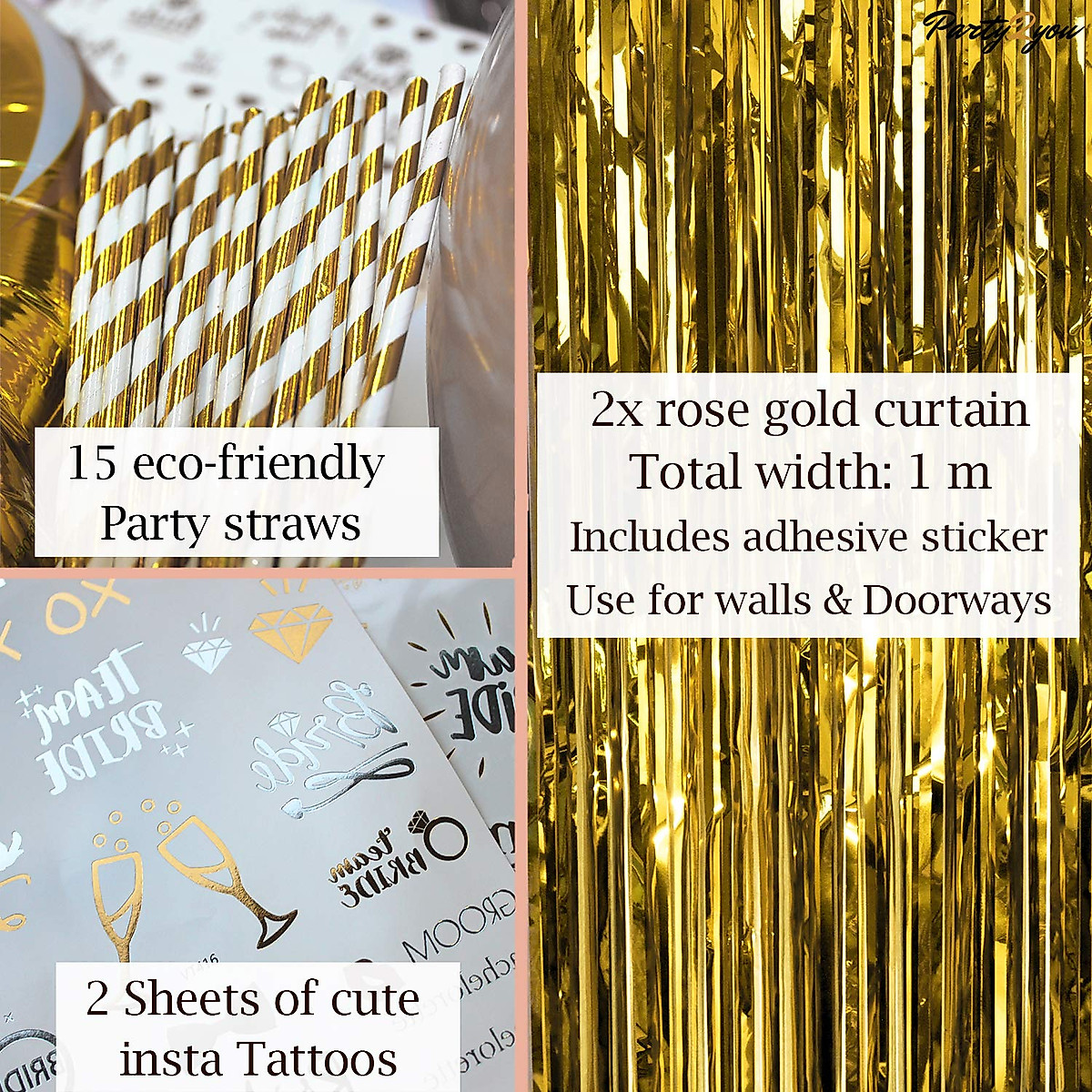 PARTY2YOU Bachelorette Party Gold Decorations | Bridal Shower Supplies Kit - Bride Sash, XL Ring Balloon, Gold Curtain, BRIDE, Latex Balloons, eco Friendly Gold Straws