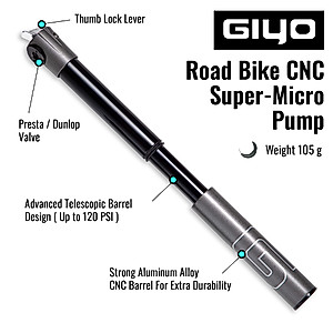 GIYO Small Bike Pump Presta Valve for Road Bikes 120 psi Telescopic Barrel - All Metal CNC Bike Pump Portable | Secure Valve Lock Easy Pumping GM04 Taiwan Made