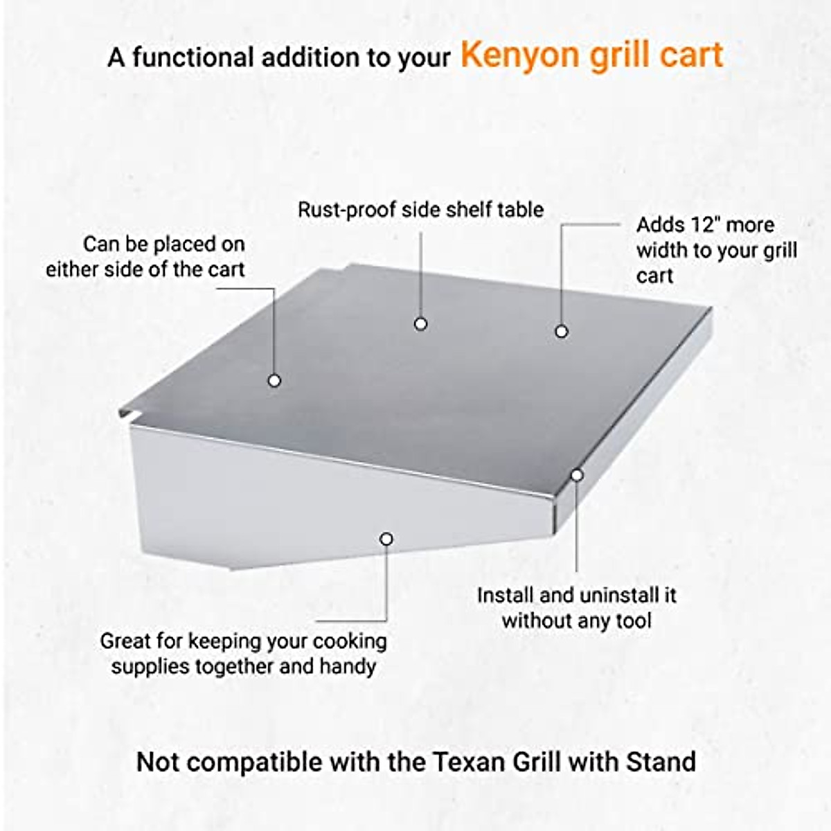 Kenyon A70024 Side Table for Grill Cart, Marine-Grade Stainless Steel Grill Accessory for Use Indoors and Outdoors, Provides Extra Space On The Grill, Easy to Attach and Remove
