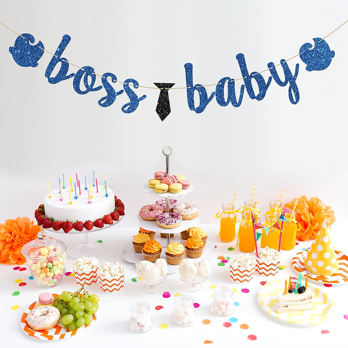 INNORU Boss Baby Banner, Boys Birthday Party Decorations, Baby Shower, Boy 1st Birthday Banner, Gender Reveal Party Decorations Navy Blue Glitter
