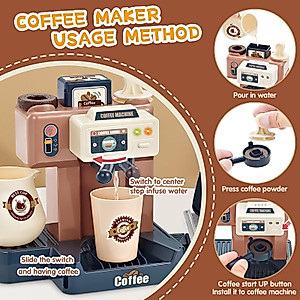 Pretend Role Play Toy Kids Coffee Maker Playset, ACROFEK Toy Coffee Maker with Sound Light, Play Coffee Maker Set for Kids with Fake Donuts (41PCS)