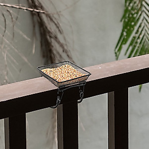2 Pieces 7 x 7 x 2.7 Inch Metal Ground Bird Feeder Compact Platform Bird Seed Tray and 4 Pieces Elastic Rope for Outdoor Dove Birds or Squirrels Garden Decoration (Black)
