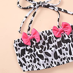 Toddler Baby Girls Swimsuit Bikini Sets Halter Sleeveless Crop Tube Top Ruffle Shorts Sun Hat 3Pcs Bathing Suit (Black Cow Print, 12-18 Months)