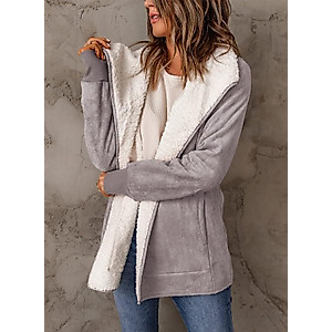 Dokotoo Womens Winter Warm Long Sleeve Open Front Fleece Jacket Stand Collar Sherpa Lined Outerwear Fashion Thicken Faux Suede Coats Jackets for Women 2024,XL,Gray