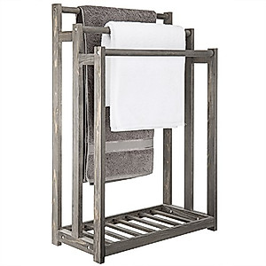 MyGift Freestanding Vintage Gray Wood Towel Rack Stand with 3 Tier Bath Towel Bar and Bottom Storage Shelf