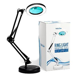 TECHLED Magnifying Glass with Light and Stand, Desk Ring Light, 3 Color Modes Stepless Dimmable, Desk Lamp, Clamp Light, Office Desk Lamp for Close Work, Repair, Reading, 12w, Adjustable Desk Lamp