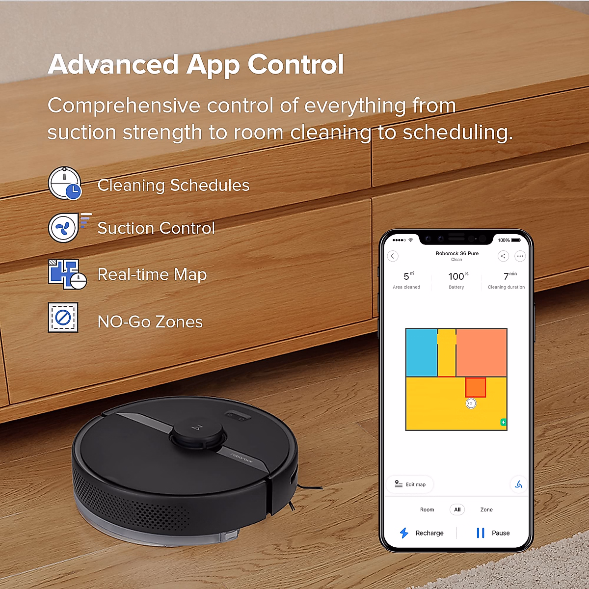 roborock S6 Pure Robot Vacuum and Mop, Multi-Floor Mapping, Lidar Navigation, No-go Zones, Selective Room Cleaning, 2000Pa Suction, Wi-Fi Connected, Alexa Voice Control (Black)