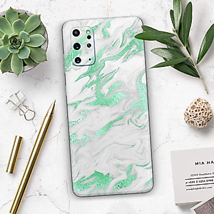 DesignSkinz Mint Marble & Digital Gold Foil V3 Protective Vinyl Decal Wrap Skin Cover Compatible with The Samsung Galaxy S20 (Screen Trim & Back Glass Skin)