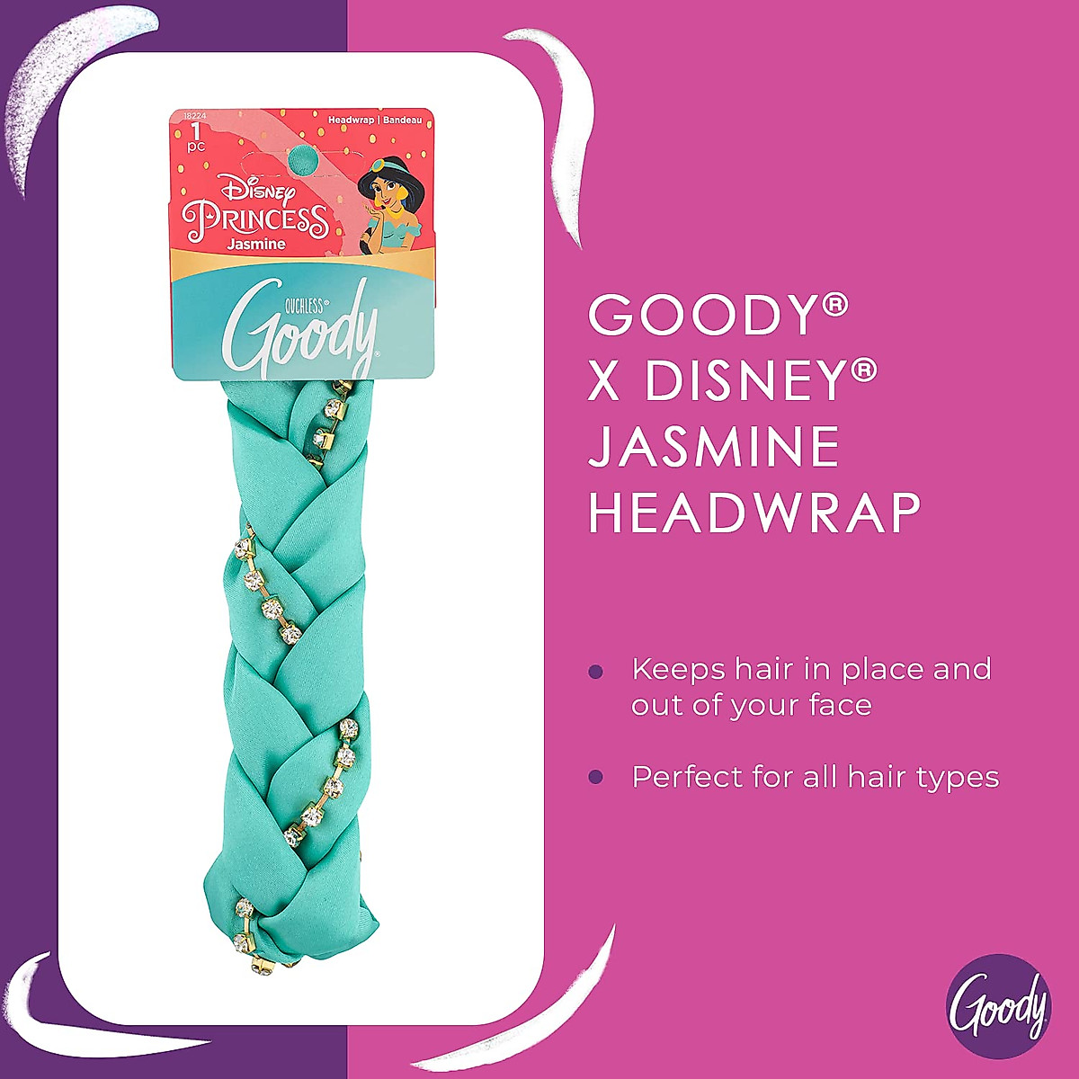GOODY Ouchless Braided Headband For All Hair Types - Disney Princess, Jasmine - Comfort Fit for All-Day Wear - Beautiful Design for Instant Style - Pain-Free Accessories for Women, Men, Boys & Girls