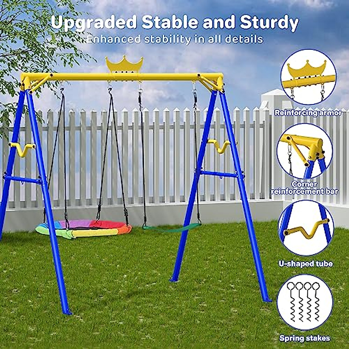 Yohood Swing Sets for Backyard, 440lbs Swing Set Outdoor for Kids, Heavy Duty Frame with U-Shape Design Swingset for Kids, Outdoor Playset with 1 Saucer Swing Seat and 1 Belt Swing Seat(Blue)
