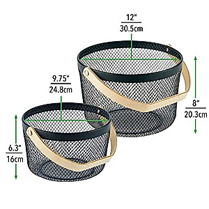 mDesign Farmhouse Metal Storage Organizer Basket Bin with Wood Handles - for Bathroom, Office, Entryway, Closet, Cabinet, Bedroom, Laundry Room, Nursery, Kids Toy Room, Set of 2 - Black