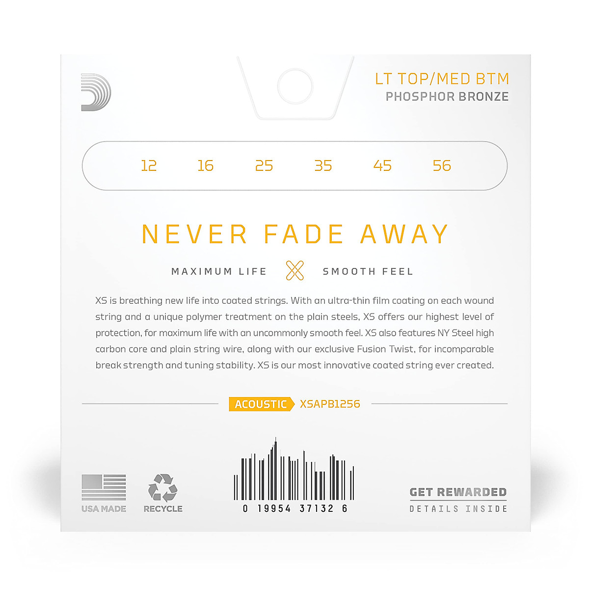 D'Addario Guitar Strings - XS Phosphor Bronze Coated Acoustic Guitar Strings - XSAPB1256 - Maximum Life with Smooth Feel & Exceptional Tone - For 6 String Guitars - 12-56 Light Top/Medium Bottom