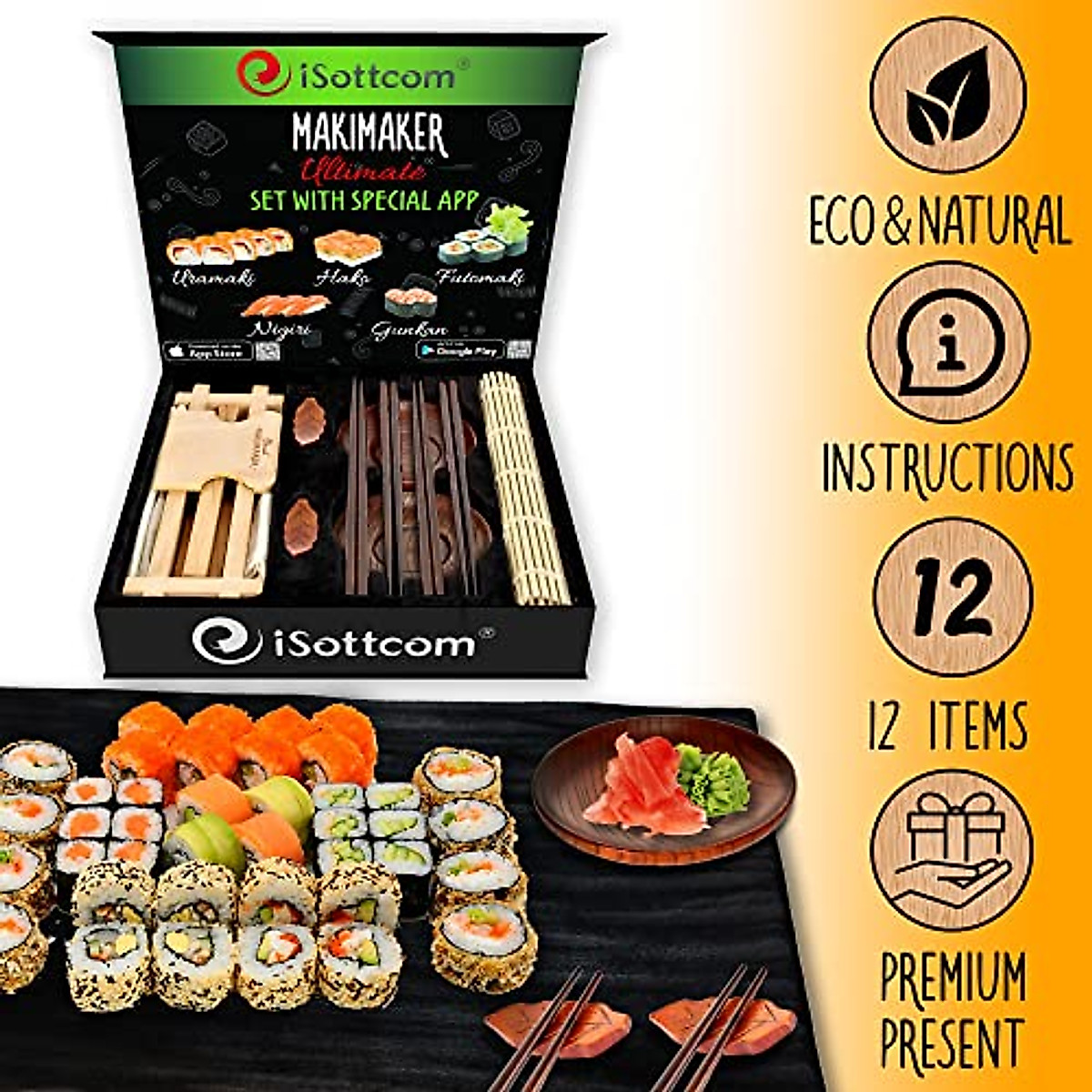 Isottcom Sushi Making Kit - Premium Sushi Set, Soy Sauce Mixing Bowls, Chopsticks with Holders, Bamboo Mat - Sushi rolling Kit for Home - Sushi roller Mobile App Sushi Maker Kit in Amazing Gift Box