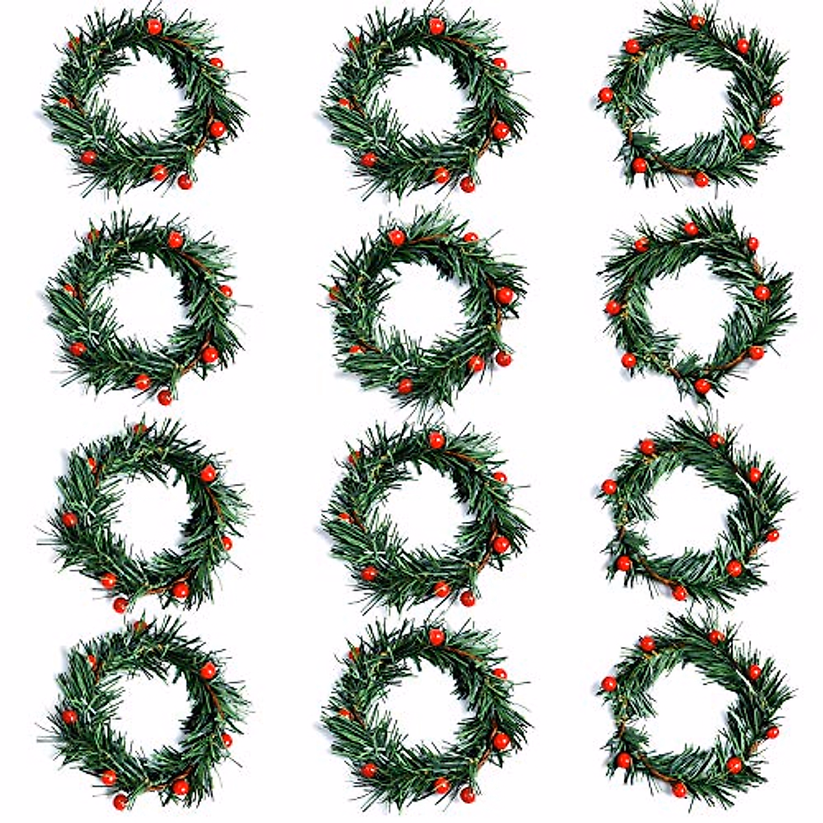 Artflower 12 Pcs Christmas Candle Rings Wreath Mini Christmas Wreath with Red Artificial Berry Christmas Pine Wreath Candle Holder Rings for Christmas Holiday Table Decorations (3 inch)